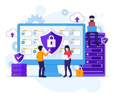 Data Security Concept People Work On Screen Protecting Data And Files Vector Illustration
