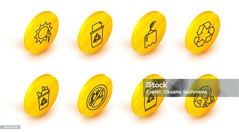 행성 지구와 재활용 재활용 기호가 있는 캔 쓰레기 없음 휴지통 새싹 병 및 태양 에너지 패널 아이콘을 설정합니다 벡터 0명에