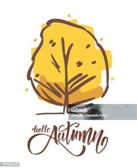 벡터 일러스트 레이 션 손으로 그린 안녕하세요가 손으로 쓴된 글자와 나무가을 인사말 카드 디자인입니다 9월에 대한 스톡 벡터 아트 및 기타 이미지 Istock