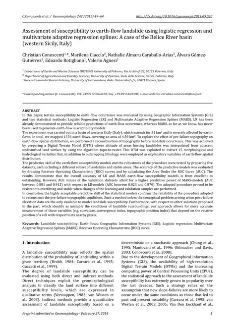 Pdf Assessment Of Susceptibility To Earth Flow Landslide Using Logistic Regression And
