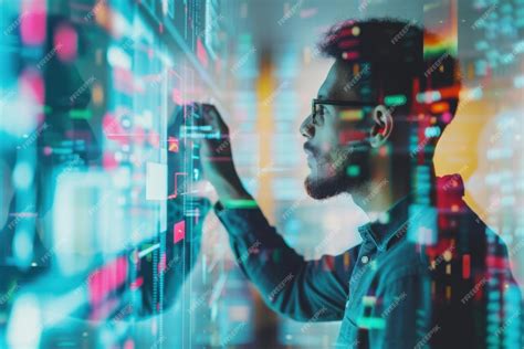 Young Man Analyzing Data Futuristic Digital Screen Modern Technology