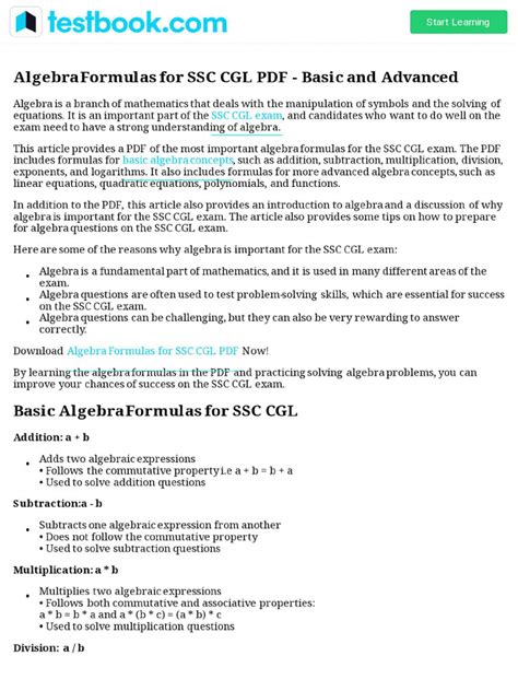 Algebra Formulas For Ssc Cgl Pdf Basic And Advanced Pdf