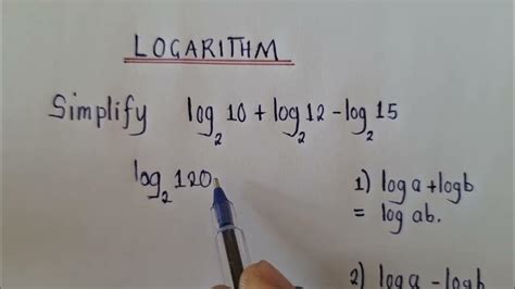 Simplify Log 2[10] Log 2[12] Log 2[15] Logarithm Youtube