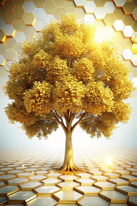 3d Picture Of A Golden Tree With 3d Hexagonal Background Stock Illustration Illustration Of