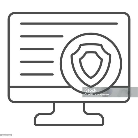 안전 엠블럼 가는 선 아이콘 데이터 보호 개념이 있는 모니터 벡터 그래픽 흰색 배경에 보안 데이터 기호가 있는 디스플레이 화면 모바일 또는 웹 디자인용 윤곽선 스타일 아이콘