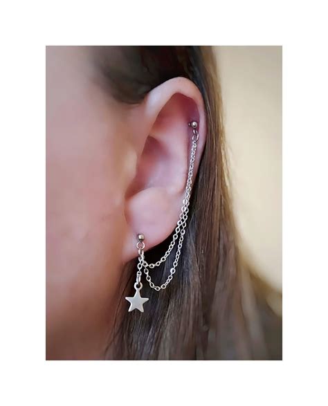 Helix Cartilage To Lobe Star Earring Stainless Steel Double Etsy