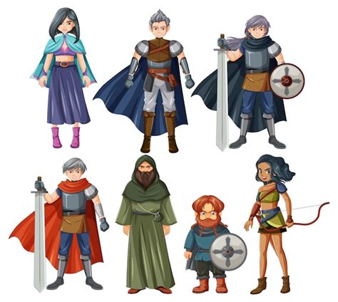 Conjunto De Personagem De Desenho Animado Medieval Vetor Premium