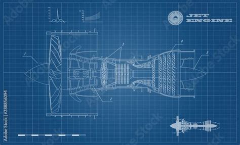 Jet Engine Of Airplane In Outline Style Industrial Aerospase Blueprint Drawing Of Plane Motor