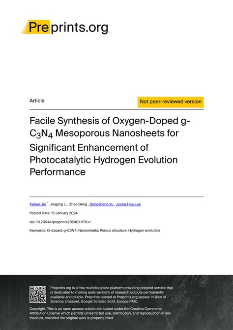 Pdf Facile Synthesis Of Oxygen Doped G C3n4 Mesoporous Nanosheets For Significant Enhancement