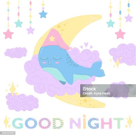 구름 위에서 자고 있는 귀여운 고래와 흰색 배경에 고립된 달 좋은 밤 아이 인사말 카드 또는 엽서 포스터 벡터 그림 고래에 대한