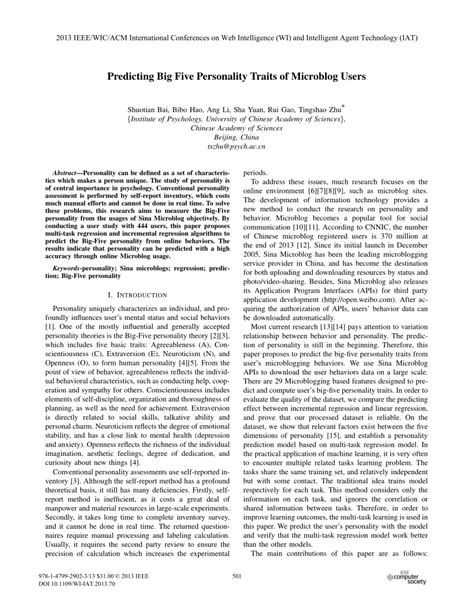 Pdf Predicting Big Five Personality Traits Of Microblog Users