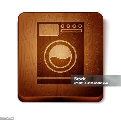 흰색 배경에 격리 된 갈색 와셔 아이콘입니다 세탁기 아이콘입니다 옷 세탁기 세탁기 가전 제품 기호입니다 나무 사각형 버튼입니다