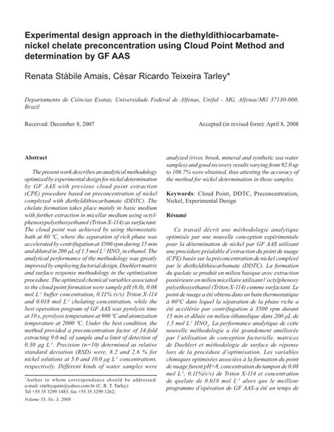 Pdf Experimental Design Approach In The Diethyldithiocarbamate Nickel Chelate Preconcentration