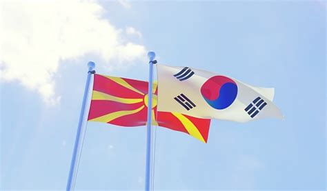 마케도니아와 한국 두 깃발을 물결치는 푸른 하늘에 대 한 0명에 대한 스톡 사진 및 기타 이미지 0명 3차원 형태 국가 관광명소 Istock