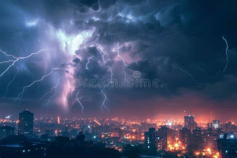 Dramatic Lightning Illuminates City Skyline In Nocturnal Urban Scene