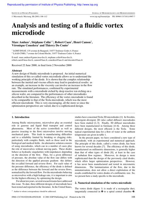 Pdf Analysis And Testing Of A Fluidic Vortex Microdiode