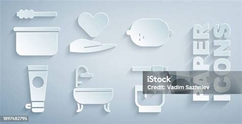 욕조 레몬 크림 또는 로션 화장품 튜브 꿀 디퍼 스틱 및 그릇 하트 손 및 사우나 양동이 국자 아이콘을 설정합니다 벡터 3차원 형태에 대한 스톡 벡터 아트 및 기타 이미지