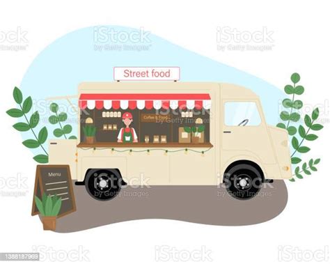 거리 밴 트럭 무역 바퀴에 캐노피 패스트 푸드의 범위 길거리 음식 커피 음식 음료 길거리 음식 시장 벡터 일러스트레이션 푸드 트럭에 대한 스톡 벡터 아트 및 기타 이미지