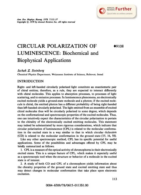 Circular Polarization Of Luminescence Biochemical And Biophysical Applications Annual Reviews