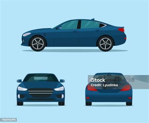 블루 자동차 스포츠 세단 격리 측면 보기 후면 보기 및 전면 보기가있는 세단 벡터 플랫 스타일 그림입니다 차에 대한 스톡 벡터 아트 및 기타 이미지 Istock