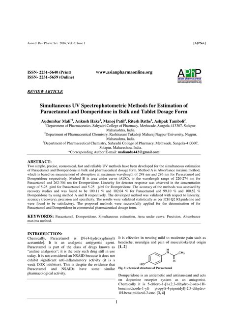 Pdf Simultaneous Uv Spectrophotometric Methods For Estimation Of
