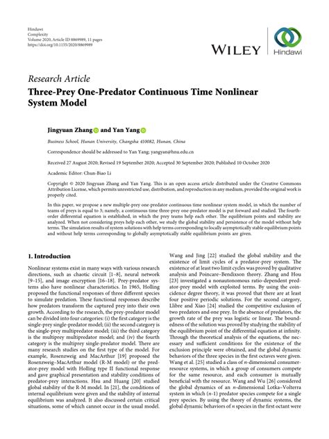 Pdf Three Prey One Predator Continuous Time Nonlinear System Model