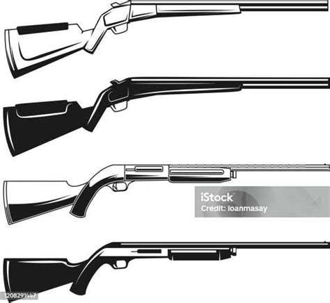 사냥 총과 소총의 그림의 집합입니다 라벨 엠블럼 기호 배지에 대한 디자인 요소 벡터 일러스트레이션 개체 그룹에 대한 스톡 벡터
