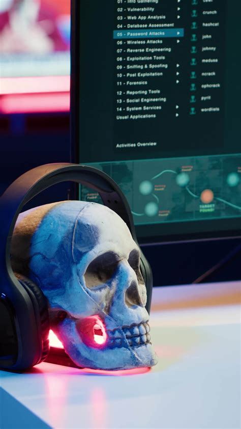 vertical desk with decorations in empty criminals den and hacking software interface on pc