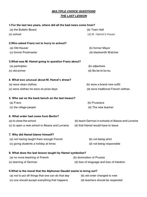The Last Lesson Mcq Pdf
