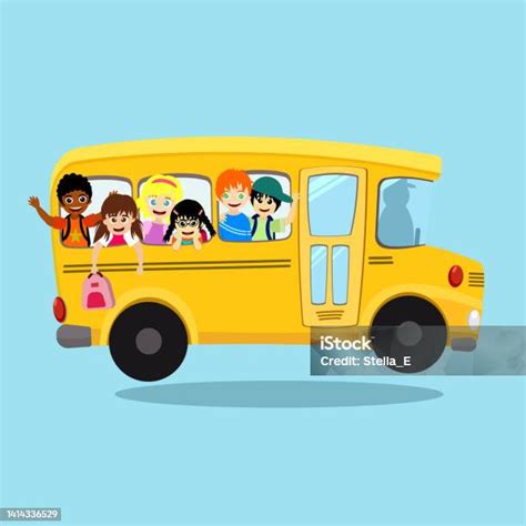학교 벡터 일러스트 레이 션으로 돌아가서 노란색 스쿨 버스의 행복한 여섯 학생 아이들은 푸른 배경으로 학교에 가고 다민족 친구