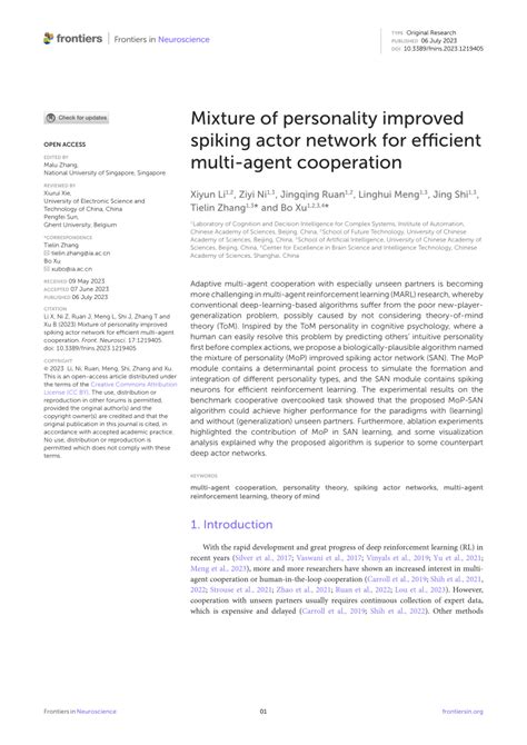 Pdf Mixture Of Personality Improved Spiking Actor Network For Efficient Multi Agent Cooperation