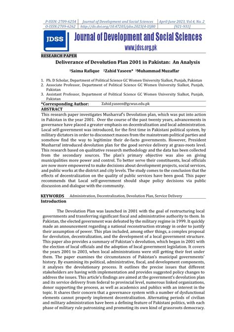 Pdf Deliverance Of Devolution Plan 2001 In Pakistan An Analysis