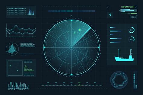 잠수함 레이더 해군 선박 수중 음파 탐지기 네비게이션 화면 Hud 디지털 인터페이스 해양 비행 수색 해군 무기 타겟팅 미래 대시보드 Ui 스파이 임무 벡터 일러스트 레이 션