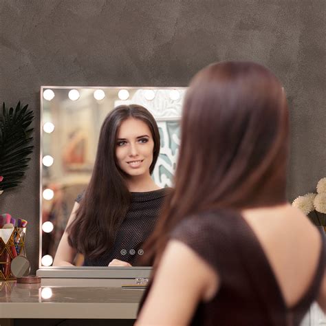 Hollywood Style Lighted Rectangular Makeup Mirror With Base Garden