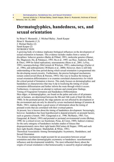Dermatoglyphics Handedness Sex And Sexual Orientation Pdf