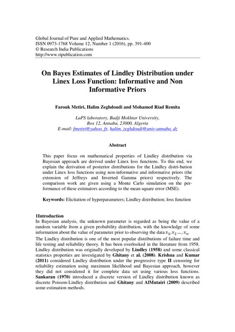 Pdf On Bayes Estimates Of Lindley Distribution Under Linex Loss