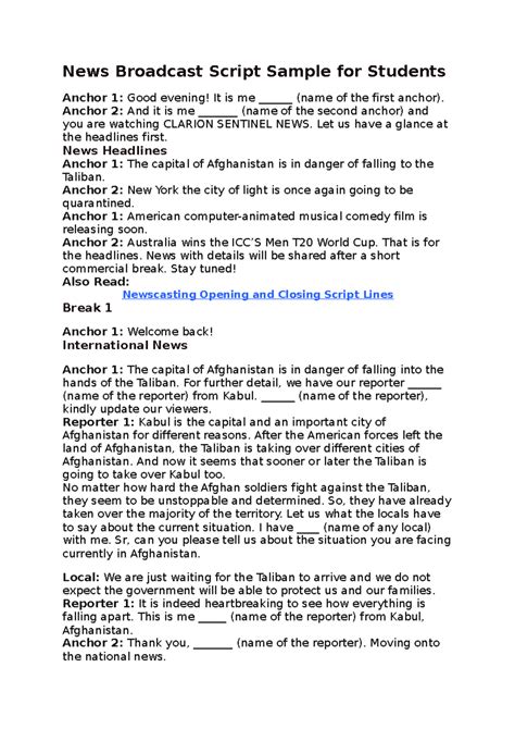 Script For Broadcasting News Broadcast Script Sample For Students