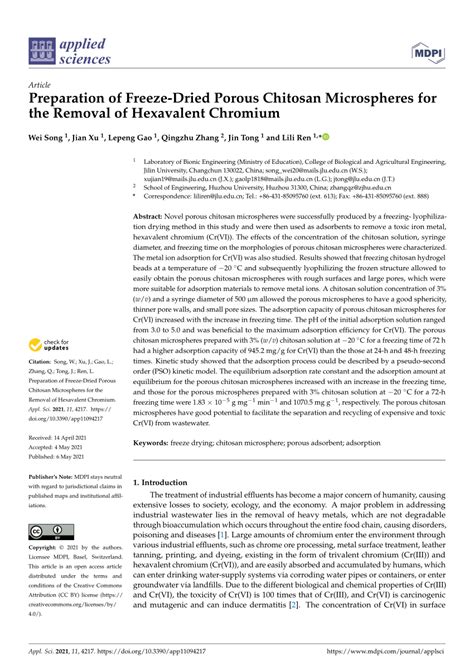 Pdf Preparation Of Freeze Dried Porous Chitosan Microspheres For The Removal Of Hexavalent