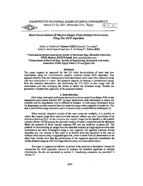 Pdf Blind Deconvolution Of Blurred Images From Multiple Observations Using The Gcd Algorithm