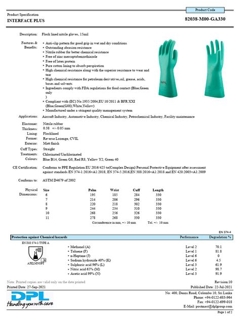 Interface Plus Product Specification Chemical Gloves Pdf