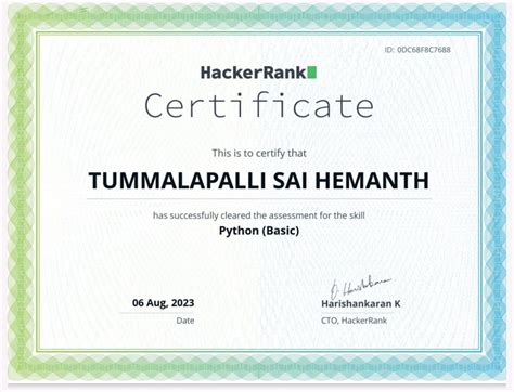 sai hemanth on linkedin pythoncertified hackerrankachievement