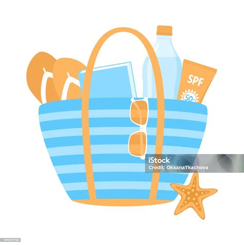 슬리퍼 책 자외선 차단제 로션 물병 선글라스 불가사리가 흰색 배경에 분리된 비치 백 파란색과 주황색의 플랫 벡터 그림 0명에 대한 스톡 벡터 아트 및 기타 이미지 Istock