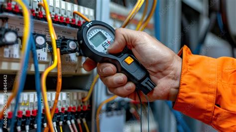 Engineer Hand Holding AC Voltmeter Checking Electric Current Voltage At Circuit Breaker Terminal