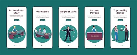 카지노 온 보딩 모바일 앱 화면 템플릿 전문 직원 정기적 인 승리 문자가 흰색 인 연습 웹 사이트 단계 Ux Ui Gui 스마트 폰 만화 인터페이스 프리미엄 벡터