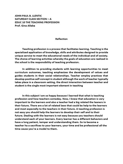 Teaching Profession Reflection Pdf