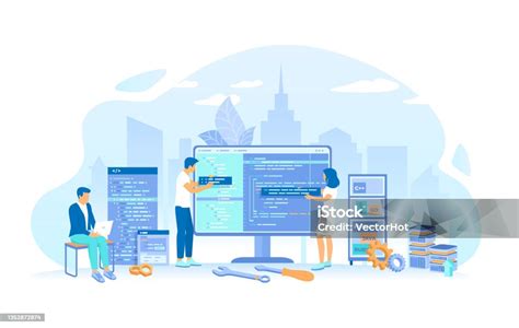 프로그래머 팀은 큰 모니터 화면에 프로그램 코드를 작성합니다 백 엔드 개발 코딩 테스트 소프트웨어 엔지니어링 프로그래밍 언어