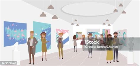사람들은 현대 미술 전시회 산책을 전시를 보고 사진을 찍어 서로 통신할 편집 가능한 벡터 일러스트 레이 션 미술관에 대한 스톡