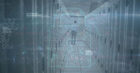 Image Of Cyber Attack Warning And Padlock Over Caucasian Man In Server Room Stock Image Image