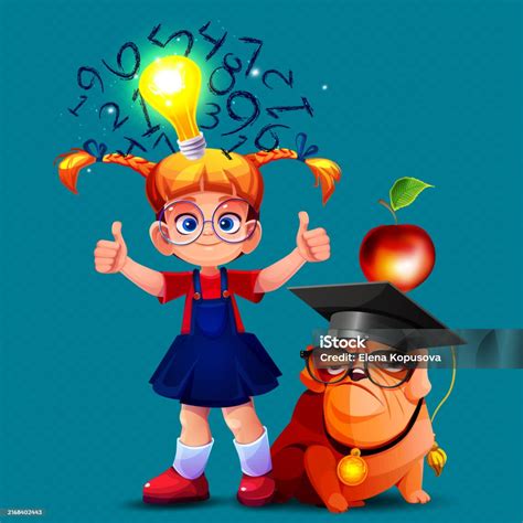만화 스타일의 학교로 돌아 가기 불타는 전구와 그녀의 머리에 숫자를 가진 여학생 졸업 모자를 쓴 불독 교수 빈 배경에 사과를 들고 있는 졸업식 모자 창의적인 캐릭터 디자인
