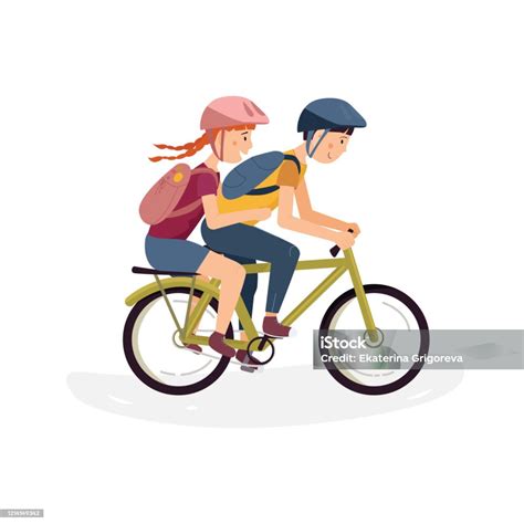 청소년 야외 활동 및 우정 개념 한 자전거에 두 아이 빨간 머리 소녀와 공원에서 함께 재미를 소년 동적 플랫 절연 벡터 그림입니다 개념에 대한 스톡 벡터 아트 및 기타